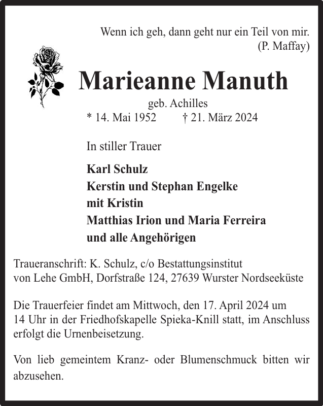Marieanne Manuth: Gedenken : Nordsee-Zeitung