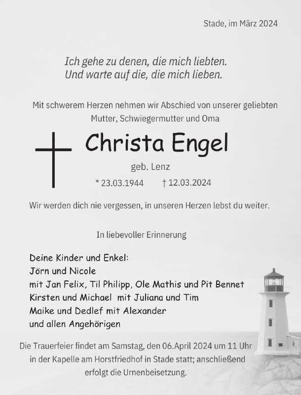 Christa Engel: Traueranzeige : Stader Tageblatt