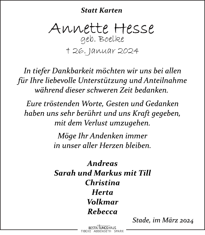 Annette Hesse: Danksagung : Stader Tageblatt