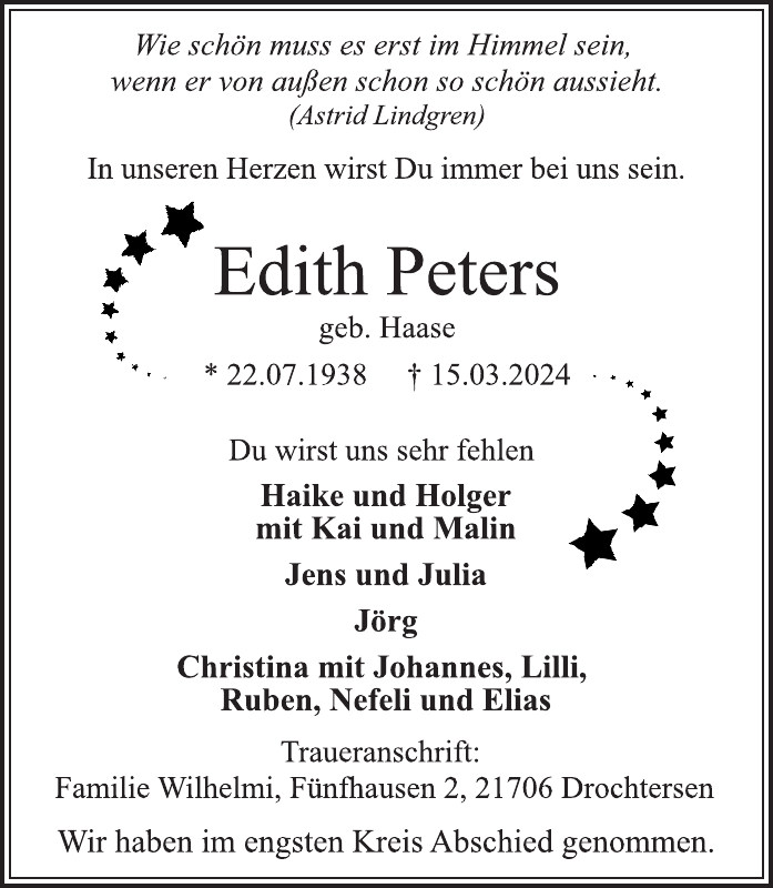 Edith Peters: Traueranzeige : Stader Tageblatt