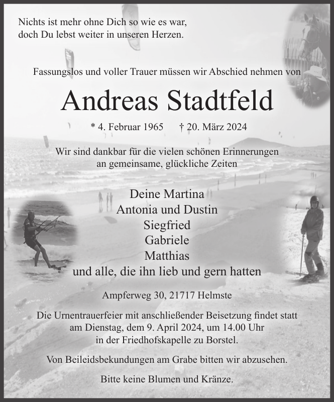 Andreas Stadtfeld: Traueranzeige : Stader Tageblatt
