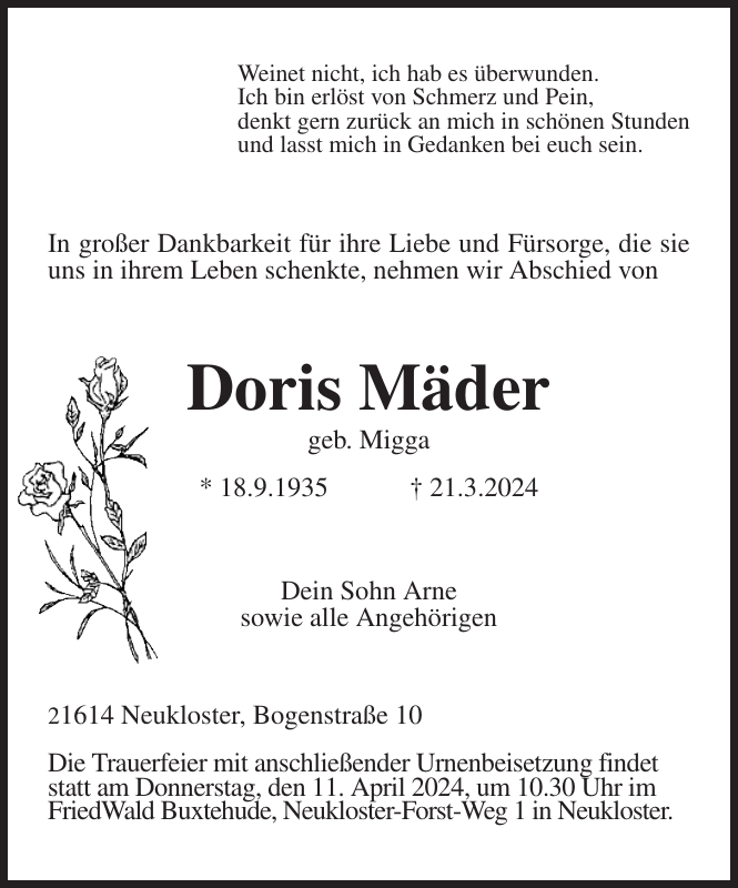 Doris Mäder: Traueranzeige : Stader Tageblatt
