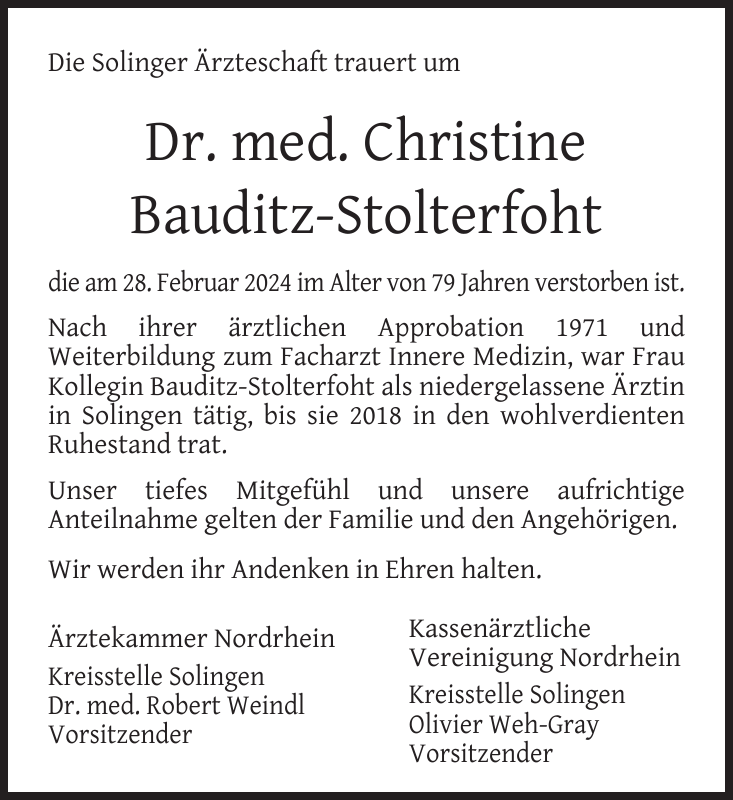 Dr. med. Christine Bauditz-Stolterfoth: Traueranzeige : Solinger ...