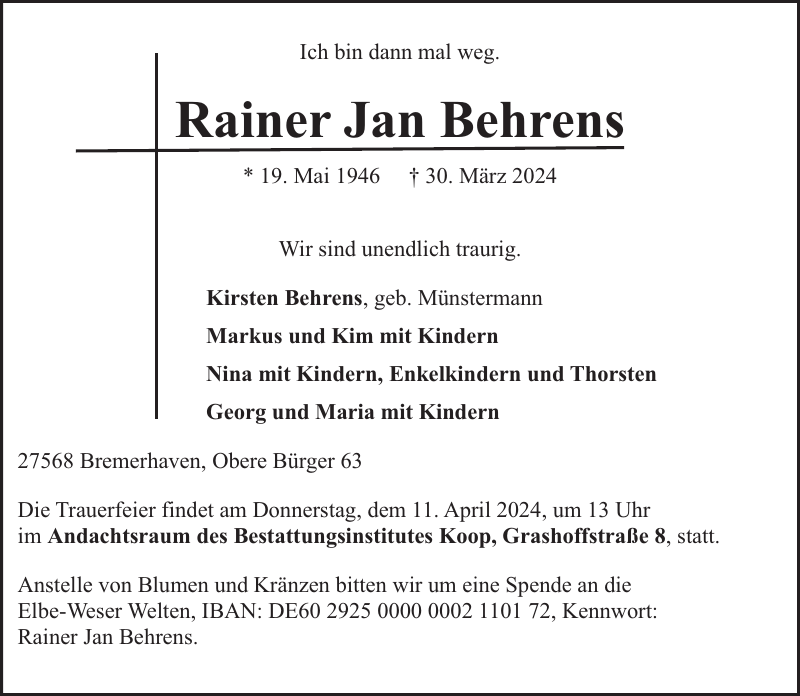 Rainer Jan Behrens: Gedenken : Nordsee-Zeitung