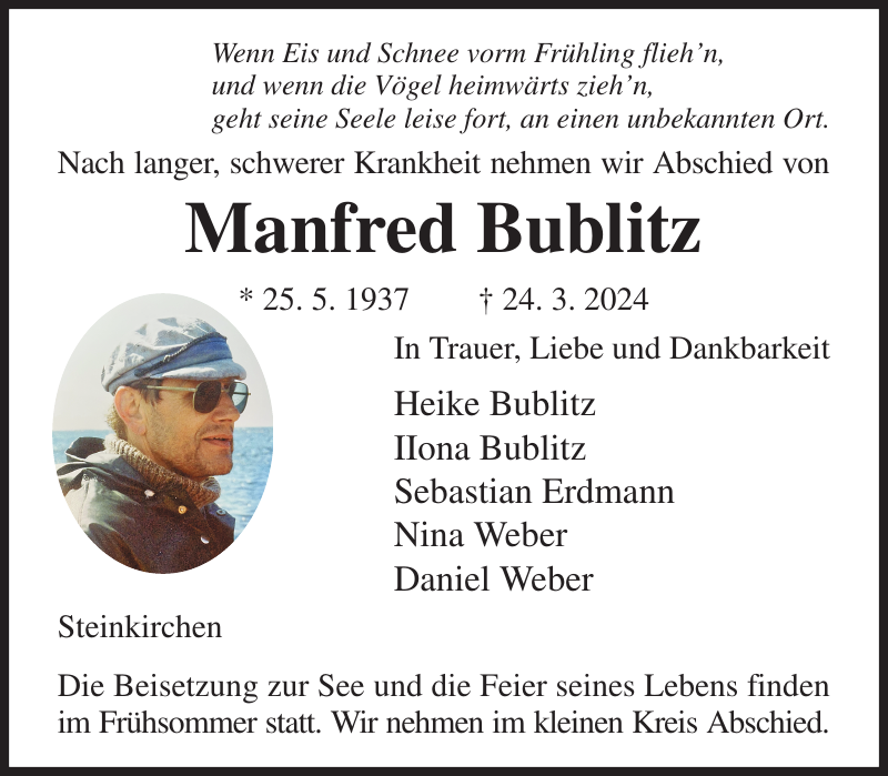 Manfred Bublitz: Traueranzeige : Stader Tageblatt