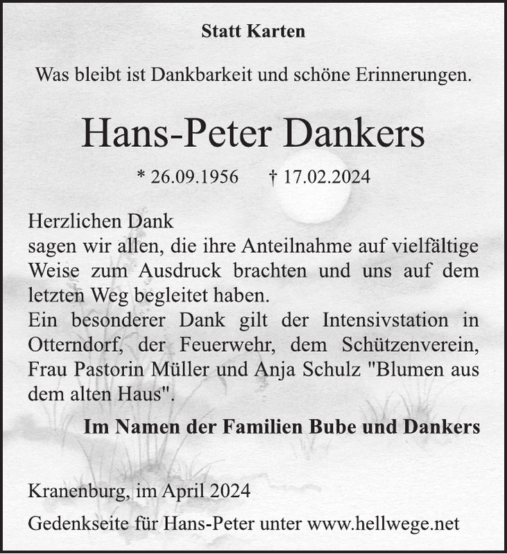 Hans-Peter Dankers: Danksagung : Stader Tageblatt