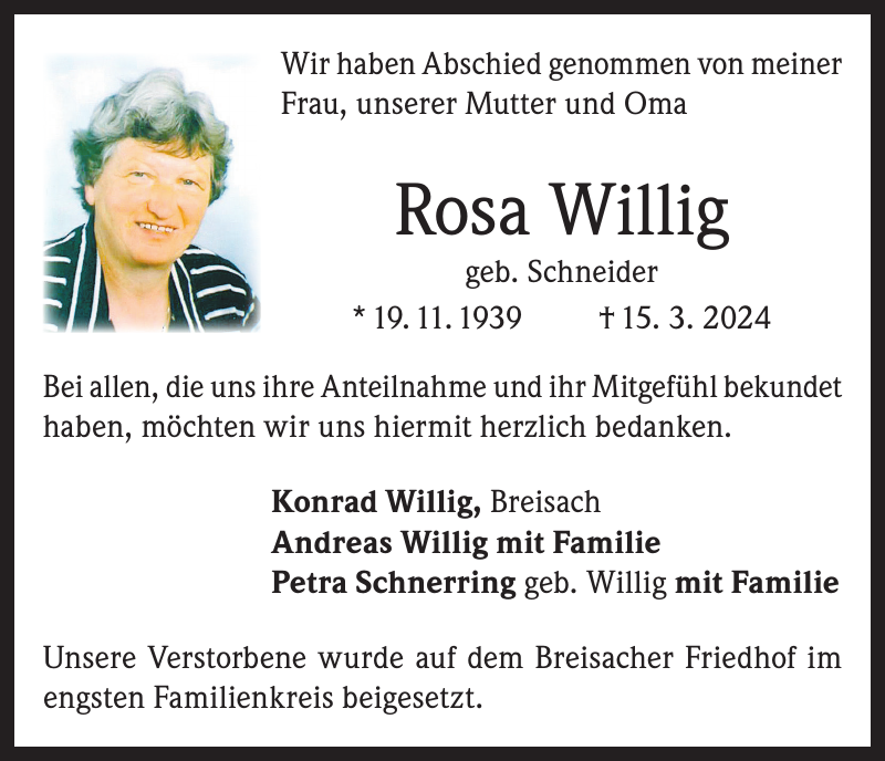 Rosa Willig: Traueranzeige : Badische Zeitung