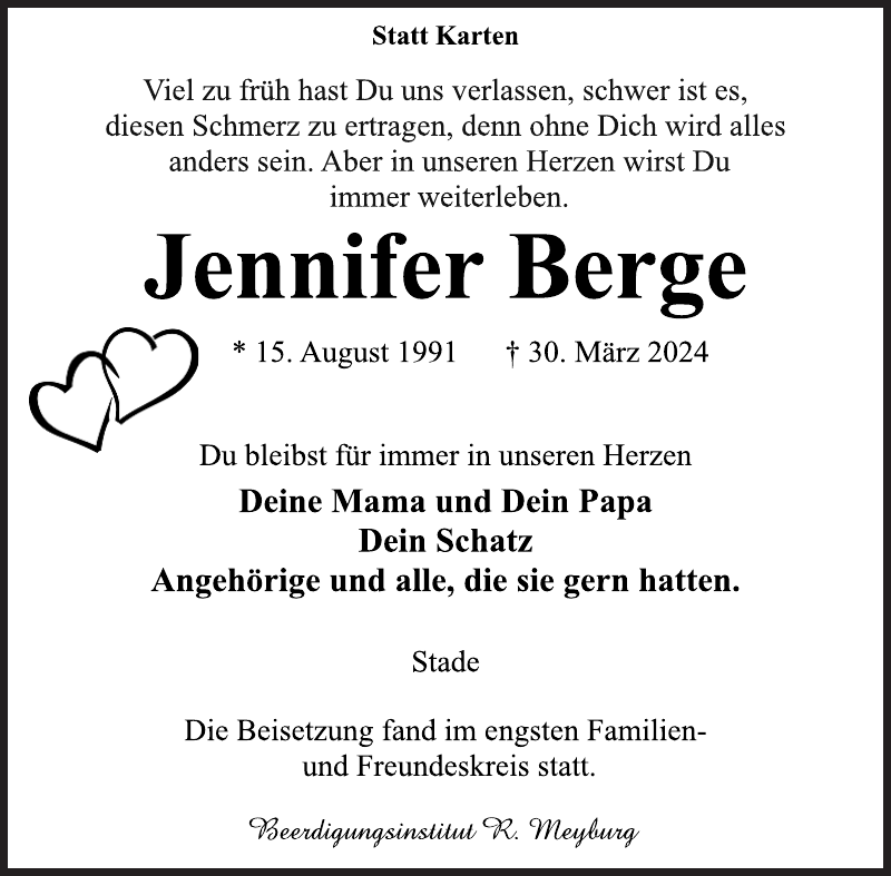 Jennifer Berge: Traueranzeige : Stader Tageblatt