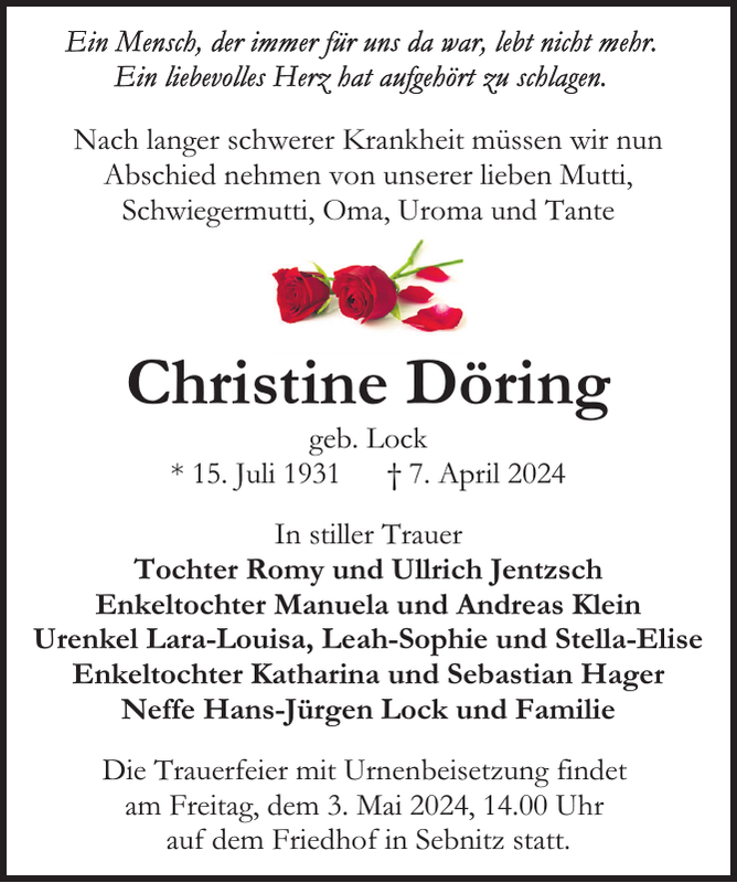 Christine Döring: Traueranzeige : Sächsische Zeitung