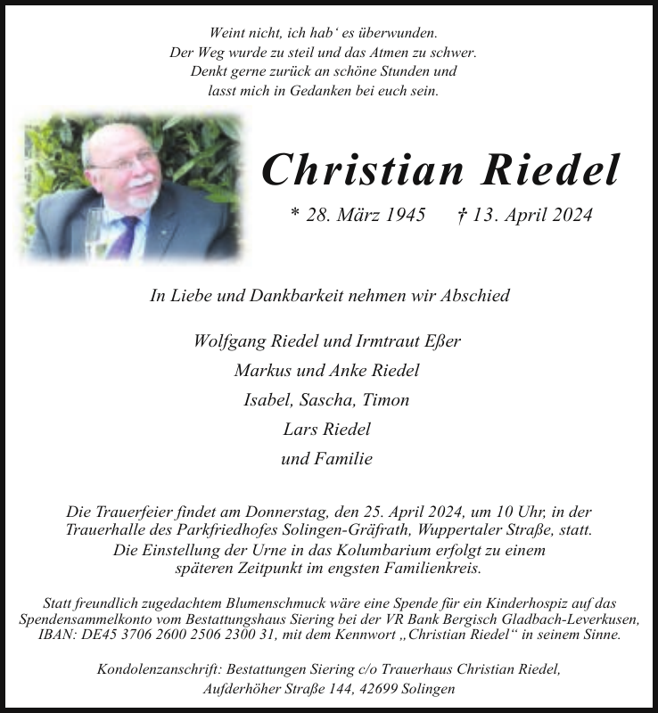 Christian Riedel: Traueranzeige : Solinger Tageblatt Trauer