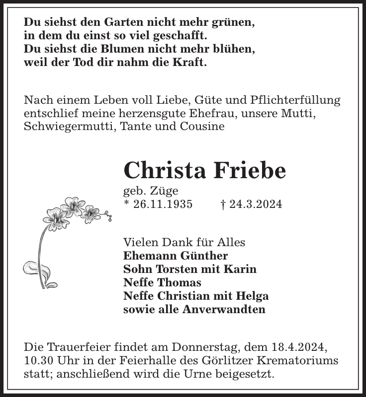 Christa Friebe: Traueranzeige : Sächsische Zeitung