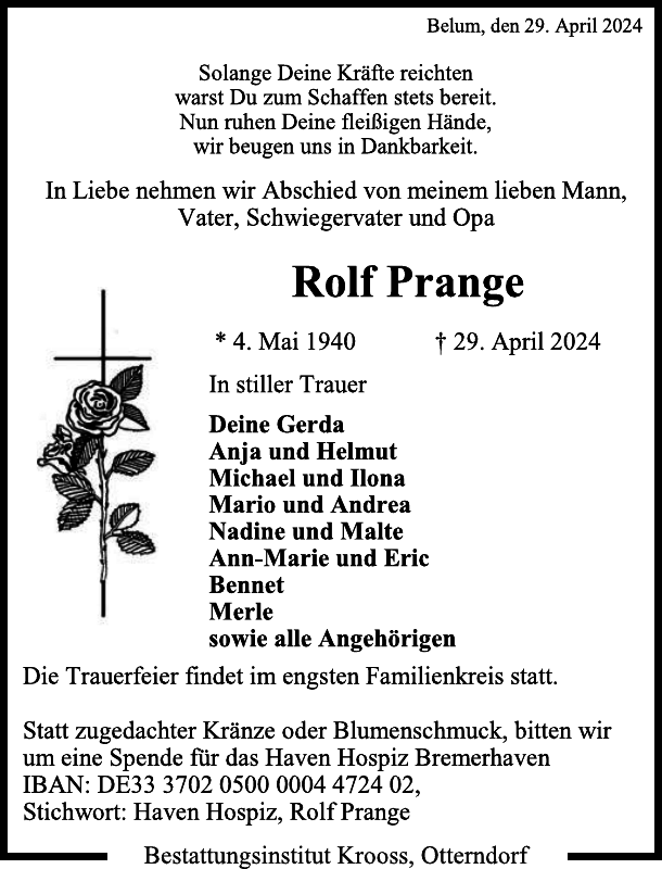 Rolf Prange: Traueranzeige : Niederelbe-Zeitung