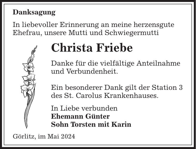 Christa Friebe: Traueranzeige : Sächsische Zeitung