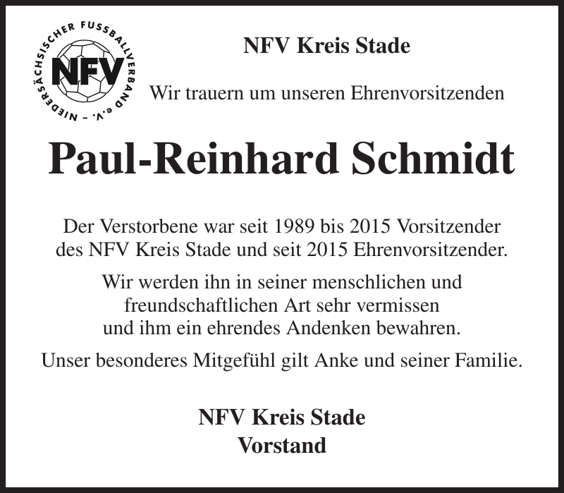 Paul-Reinhard Schmidt: Nachruf : Stader Tageblatt