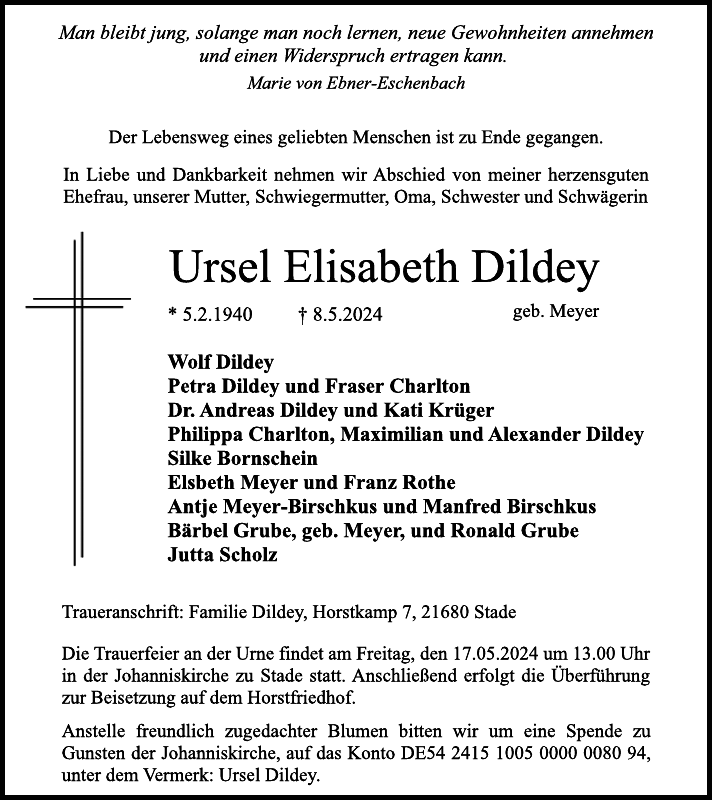 Ursel Elisabeth Dildey: Traueranzeige : Stader Tageblatt