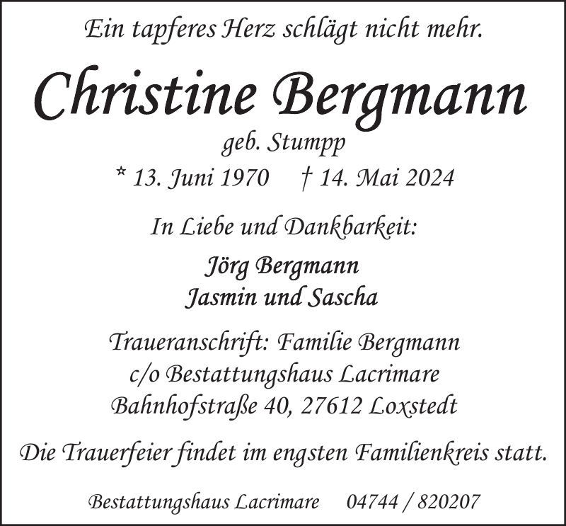 Christine Bergmann: Traueranzeige : Nordsee-Zeitung Christine Bergmann: Traueranzeige : Nordsee-Zeitung