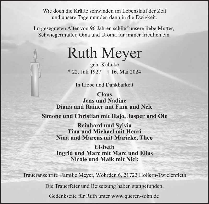 Ruth Meyer: Traueranzeige : Stader Tageblatt