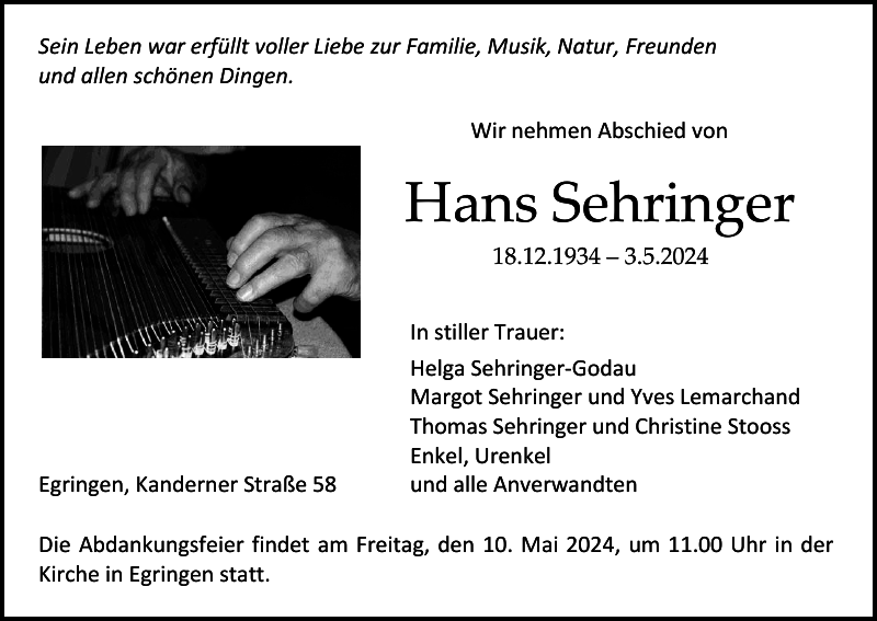 Hans Sehringer: Danksagung : Badische Zeitung