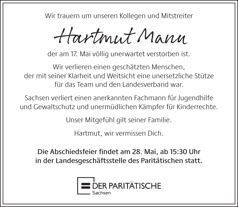 Hartmut Mann: Traueranzeige : Sächsische Zeitung