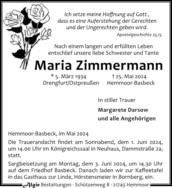 Maria Zimmermann: Traueranzeige : Niederelbe-Zeitung