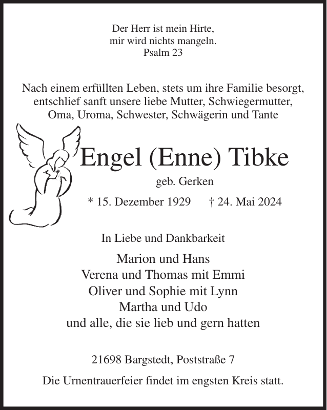 Engel Enne Tibke: Traueranzeige : Stader Tageblatt