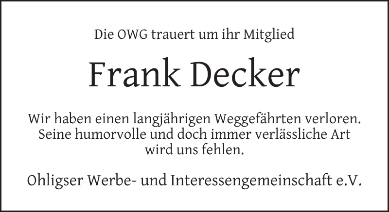 Nachruf Frank Decker: Traueranzeige : Solinger Tageblatt Trauer