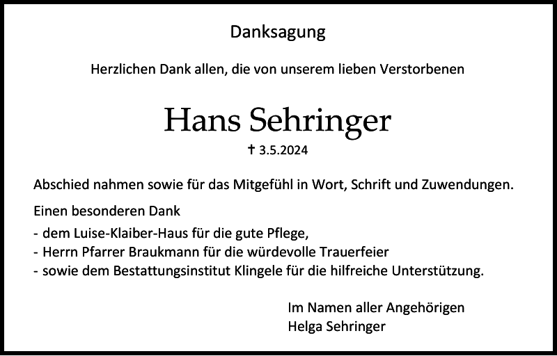 Hans Sehringer: Danksagung : Badische Zeitung