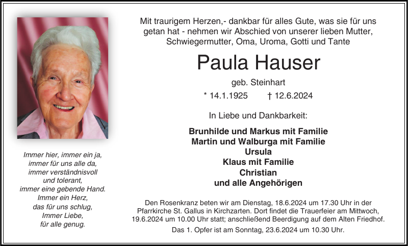 Paula Hauser: Danksagung : Badische Zeitung