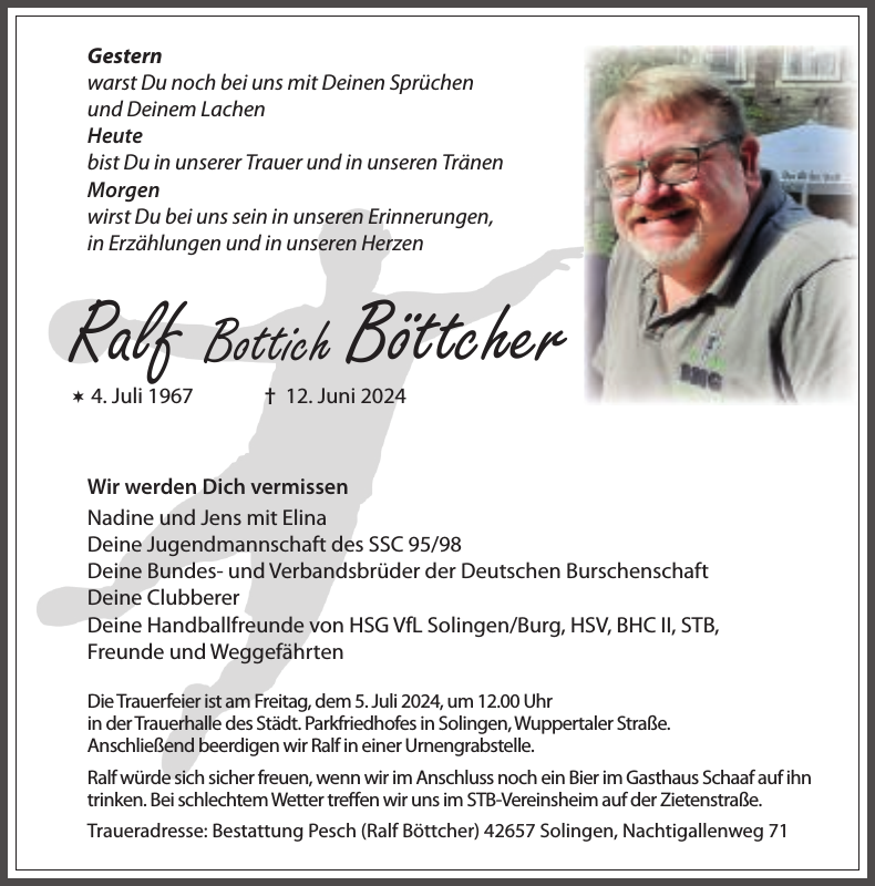 Ralf Böttcher: Traueranzeige : Solinger Tageblatt Trauer