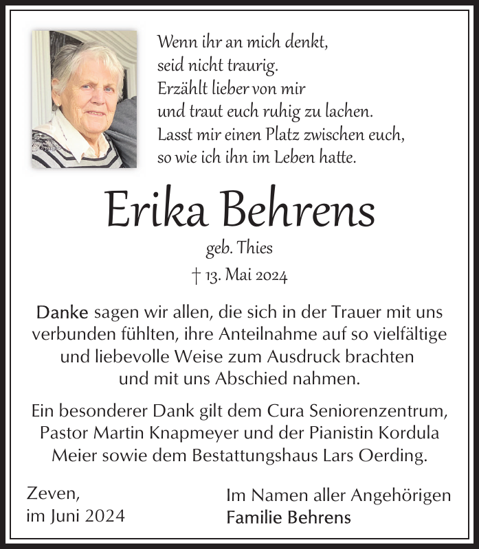 Erika Behrens: Gedenken : Nordsee-Zeitung