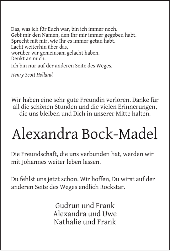 Nachruf Alexandra Bock-Madel: Traueranzeige : Remscheider General-Anzeiger