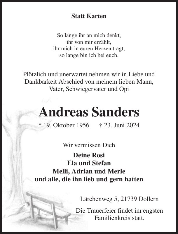 Andreas Sanders: Traueranzeige : Stader Tageblatt