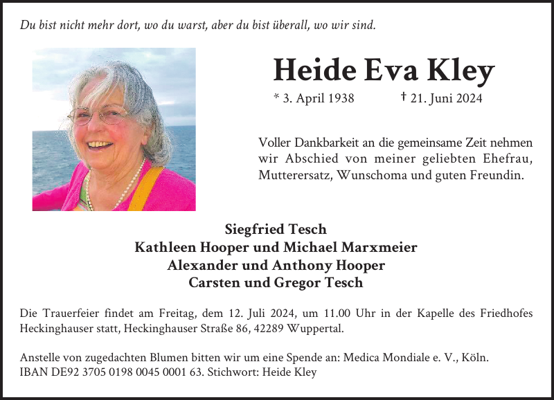 Heide Eva Kley: Traueranzeige : Westdeutsche Zeitung