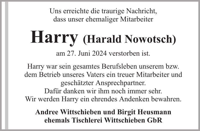 Harry (Harald Nowotsch): Nachruf : Nordsee-Zeitung