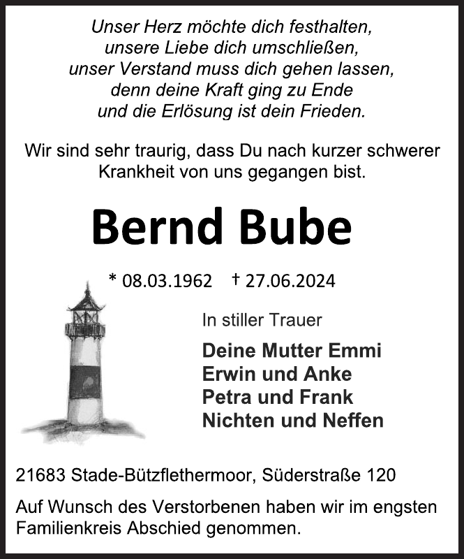 Bernd Bube: Traueranzeige : Stader Tageblatt