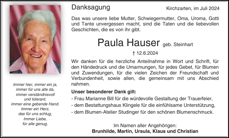Paula Hauser: Danksagung : Badische Zeitung