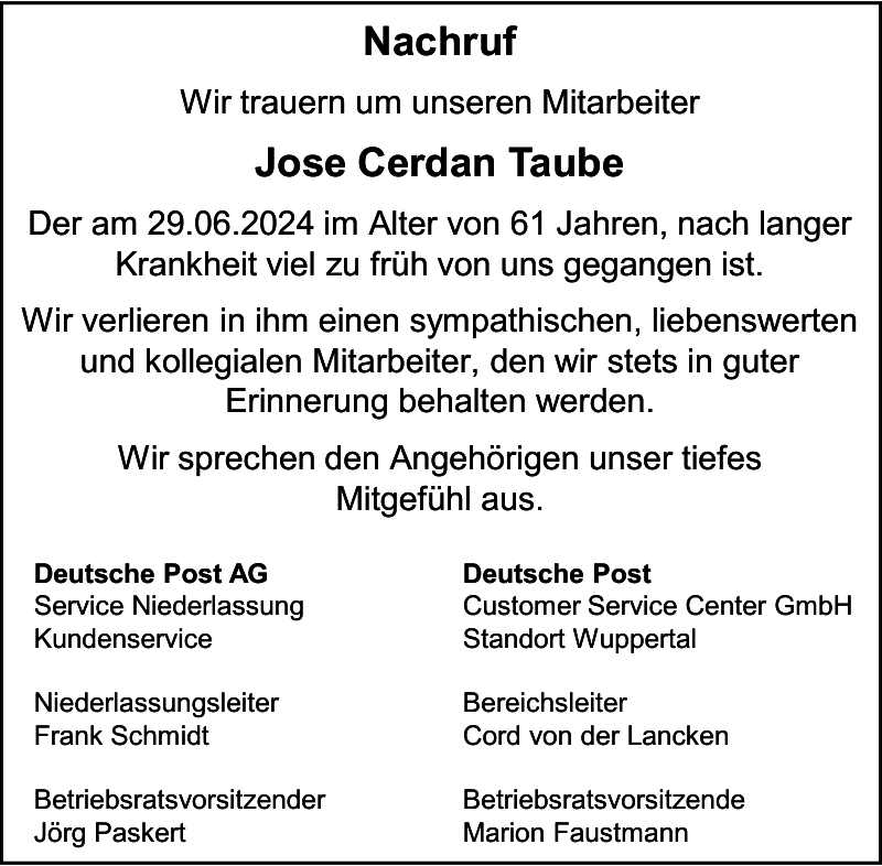 Nachruf Jose Cerdan Taube: Nachruf : Westdeutsche Zeitung