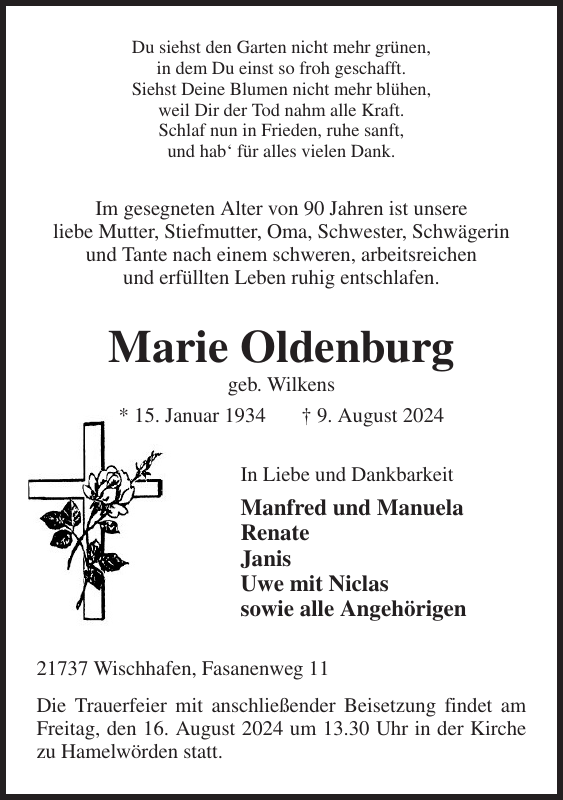 Marie Oldenburg: Traueranzeige : Stader Tageblatt