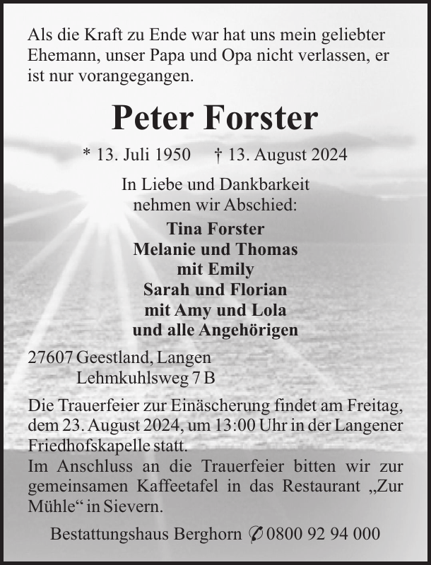 Peter Forster: Gedenken : Nordsee-Zeitung