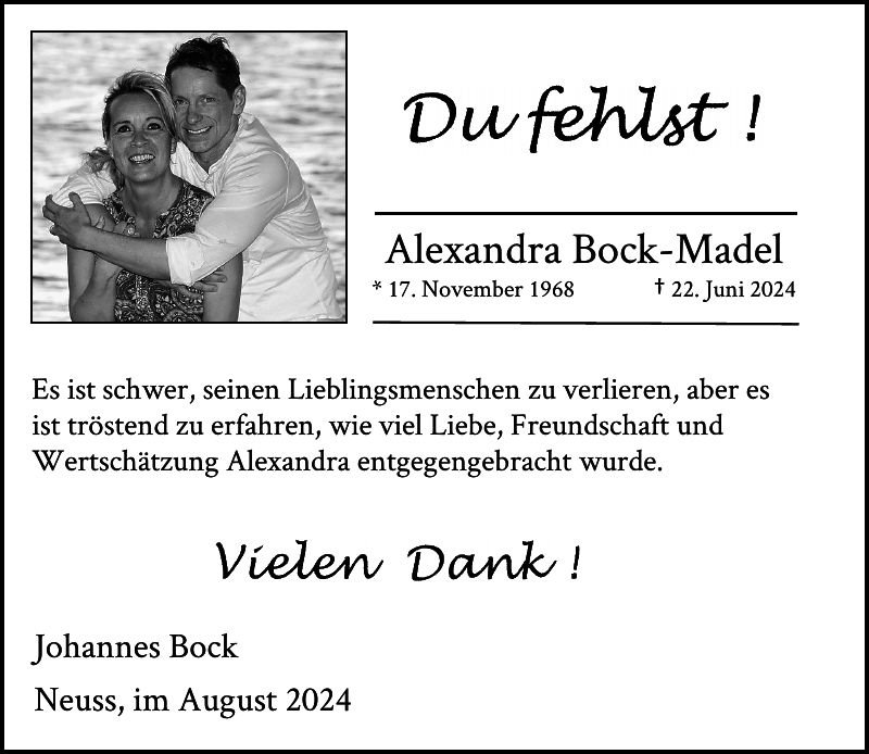 Alexandra Bock-Madel: Traueranzeige : Remscheider General-Anzeiger
