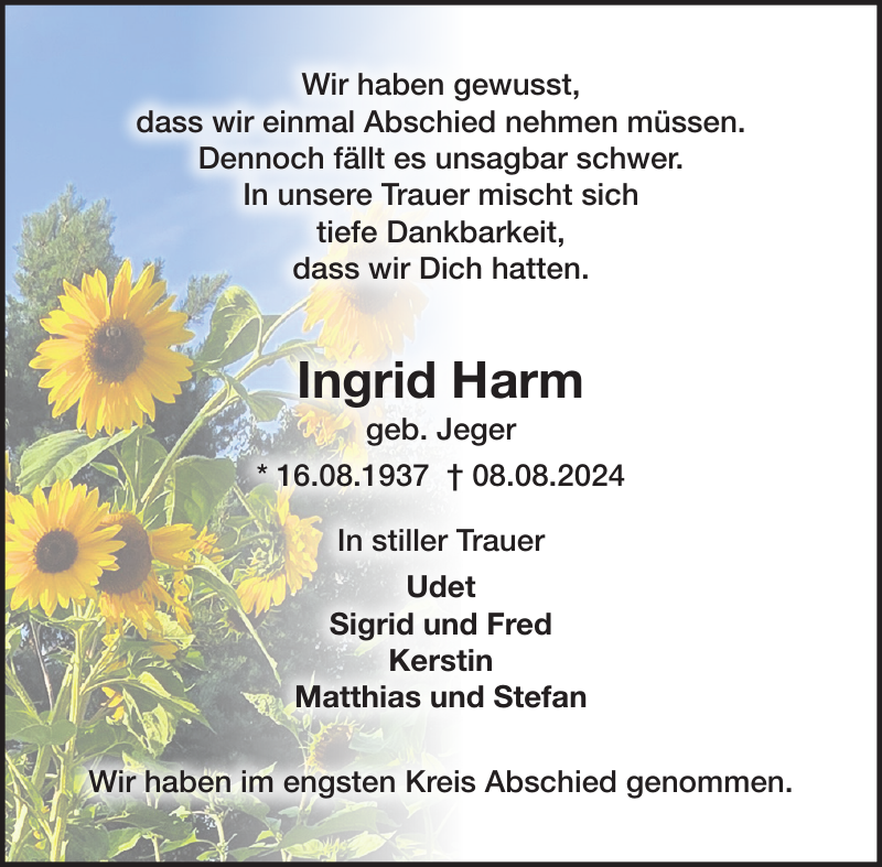 Ingrid Harm: Traueranzeige : Stader Tageblatt