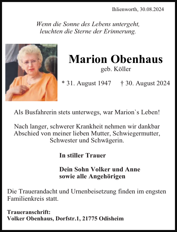 Marion Obenhaus: Traueranzeige : Niederelbe-Zeitung