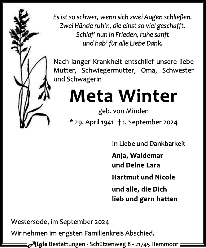 Meta Winter: Traueranzeige : Niederelbe-Zeitung