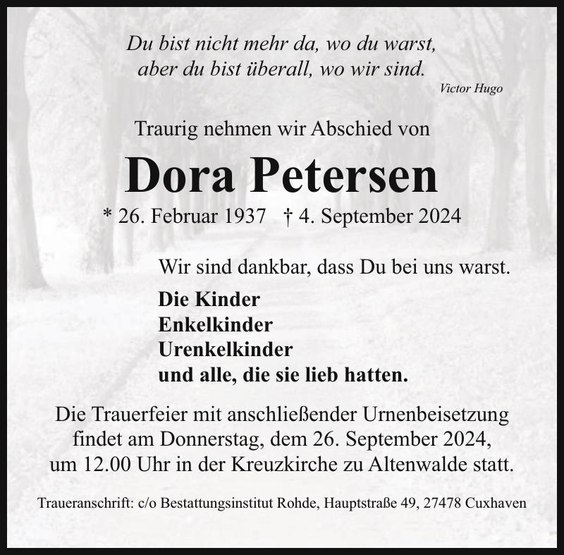Dora Petersen: Traueranzeige : Cuxhavener Nachrichten