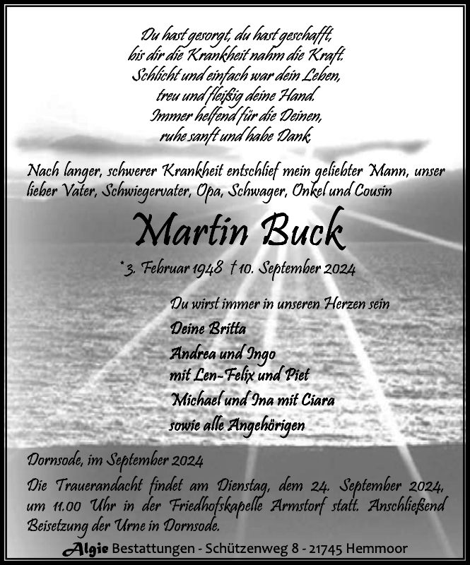 Martin Buck: Traueranzeige : Niederelbe-Zeitung