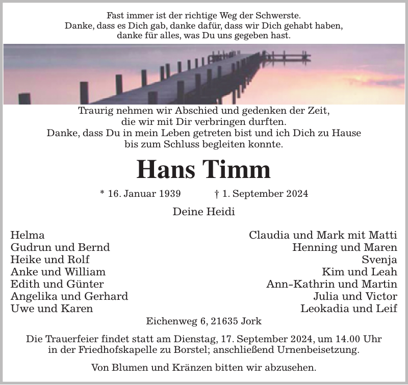 Hans Timm: Traueranzeige : Stader Tageblatt