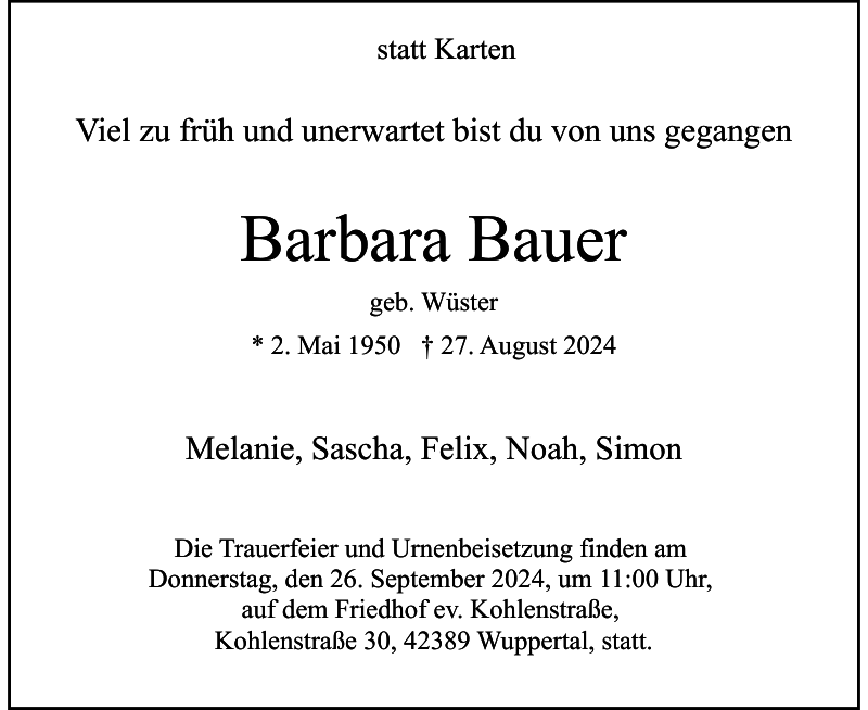 Barbara Bauer: Traueranzeige : Westdeutsche Zeitung