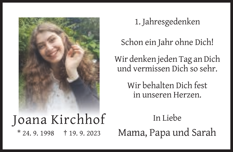 Joana Kirchhof: Traueranzeige : Solinger Tageblatt Trauer