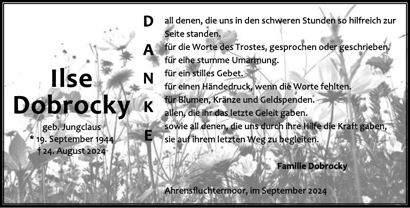 Ilse Dobrocky: Danksagung : Niederelbe-Zeitung