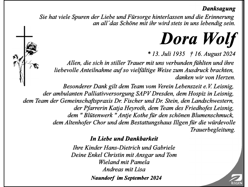 Dora Wolf: Traueranzeige : Sächsische Zeitung